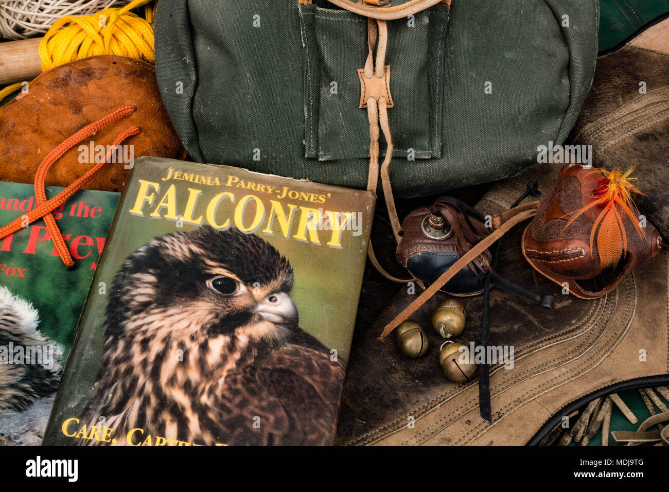 Collection of falconry items displayed on table. Wales Stock Photo - Alamy