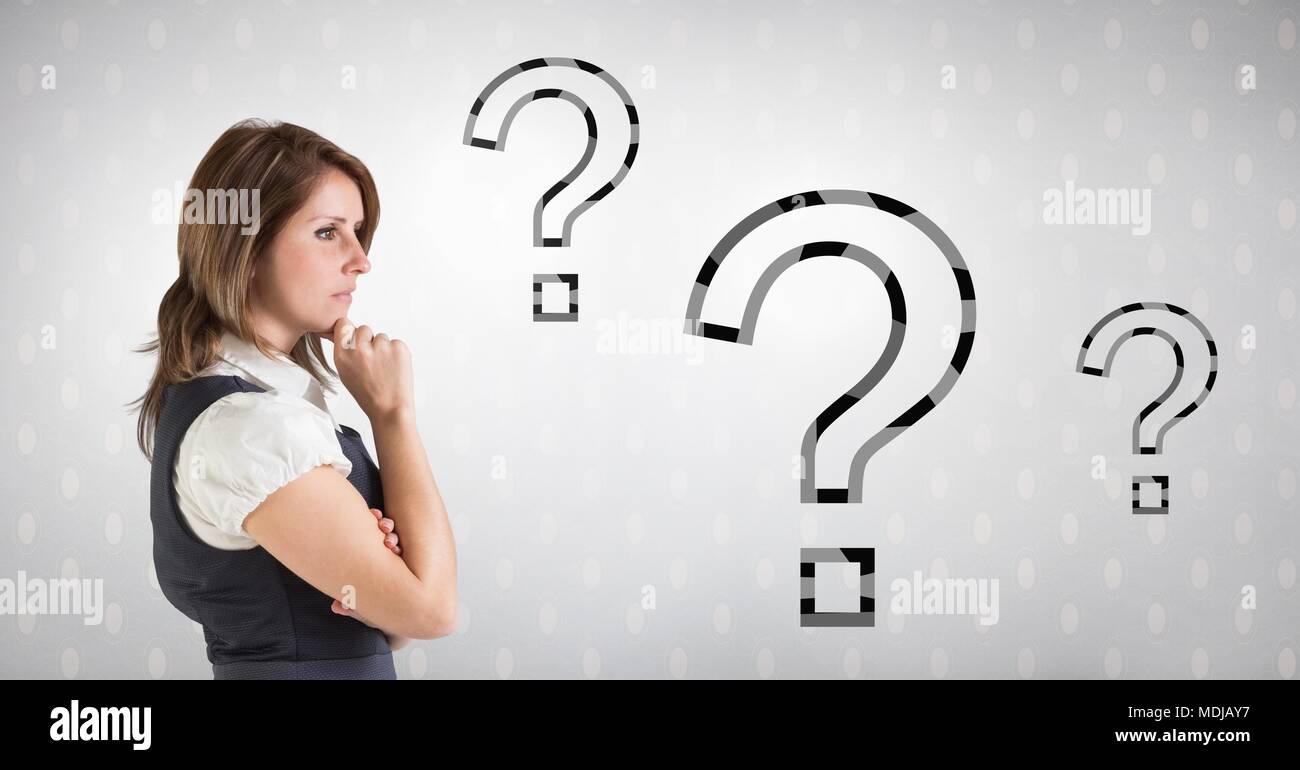 Woman thinking with striped question marks Stock Photo - Alamy