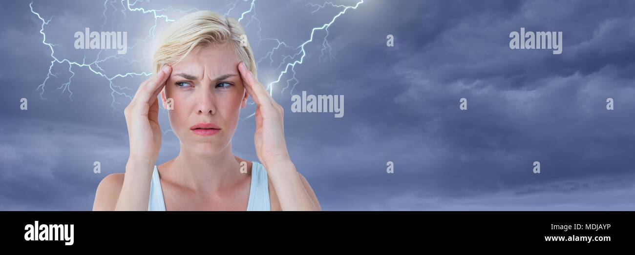 Lightning strikes and stressed woman with headache holding head Stock ...