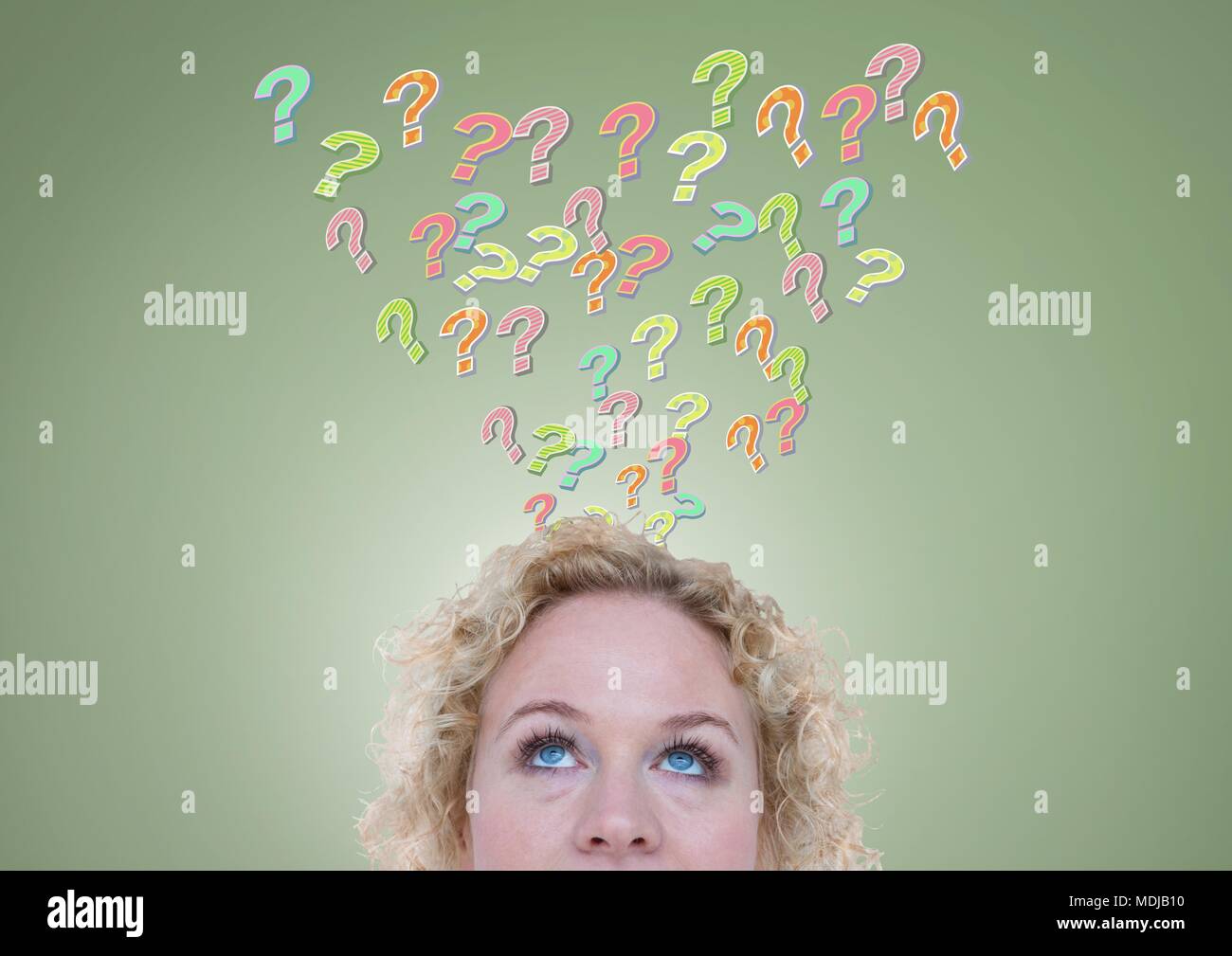 Woman with colorful funky question marks emerging from head Stock Photo ...