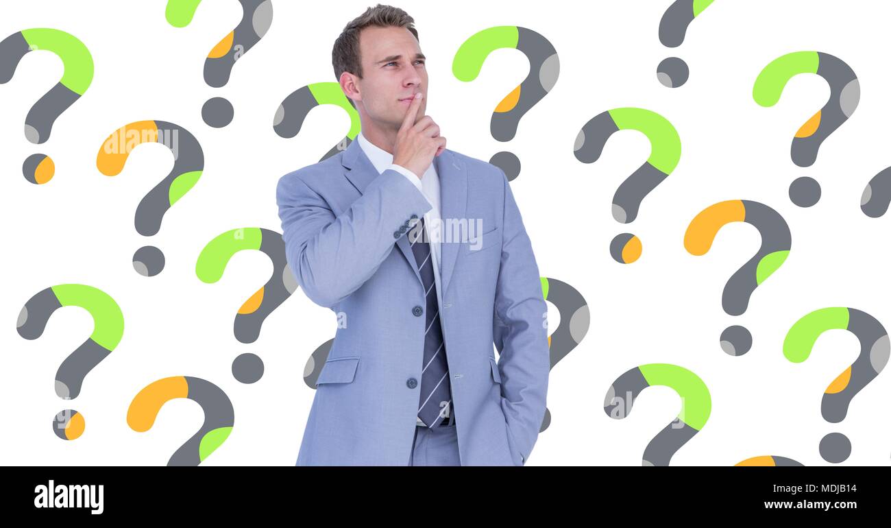 Man thinking with minimal design question marks Stock Photo - Alamy