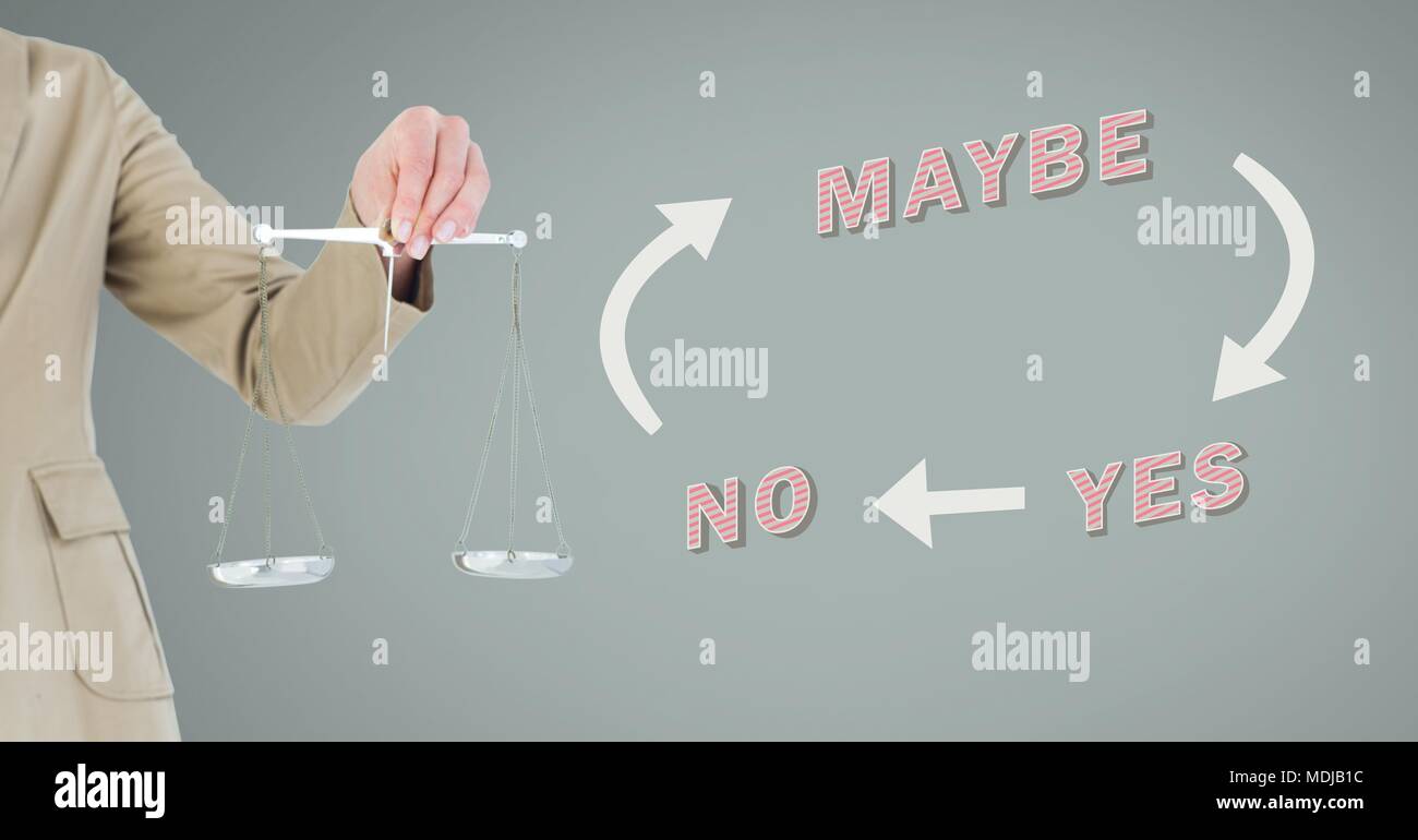 Hand holding balance scales with maybe no yes and arrows graphic Stock ...