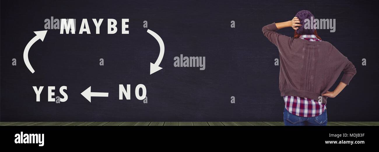 Woman thinking with Yes No Maybe with arrows graphic on wall Stock ...