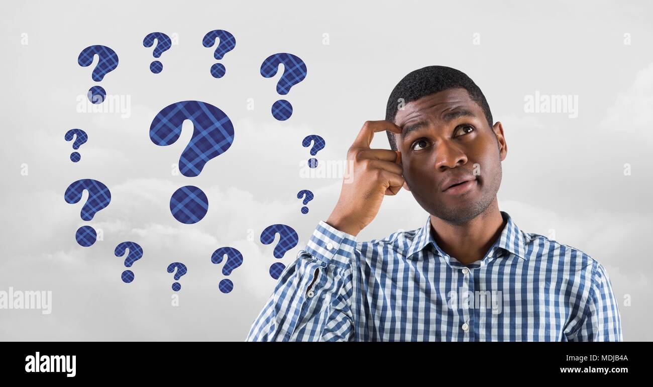 Man thinking with blue thatched question marks Stock Photo - Alamy
