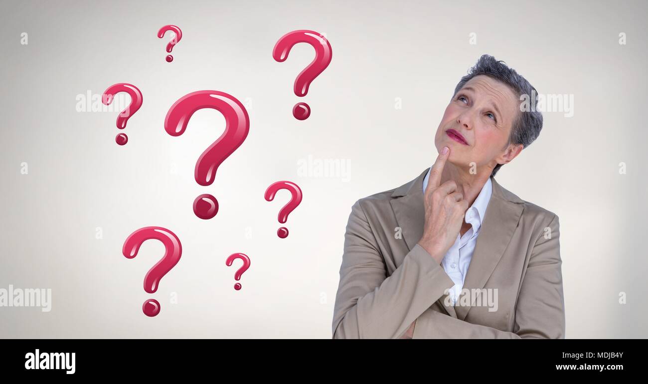 Woman thinking with shiny pink question marks Stock Photo - Alamy