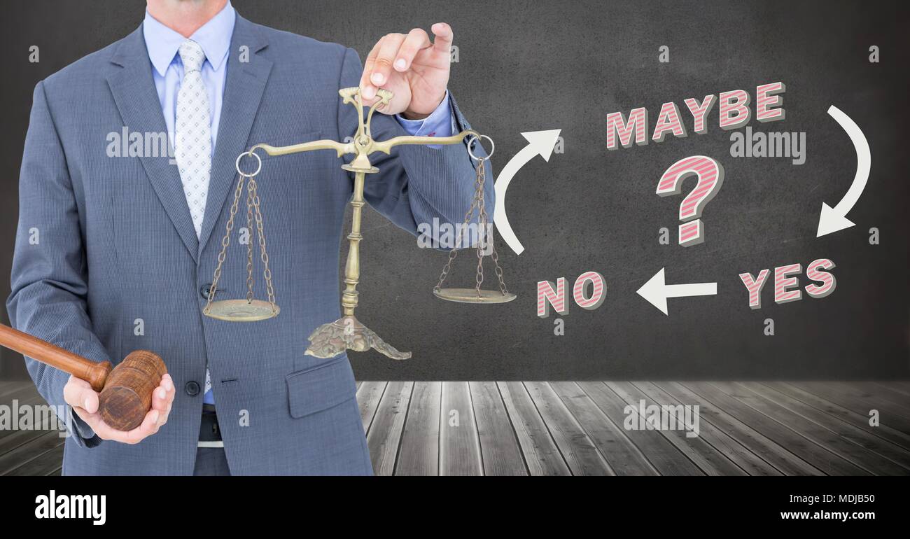 Judge hlding hammer gavel and justice balance scales and thinking Yes ...