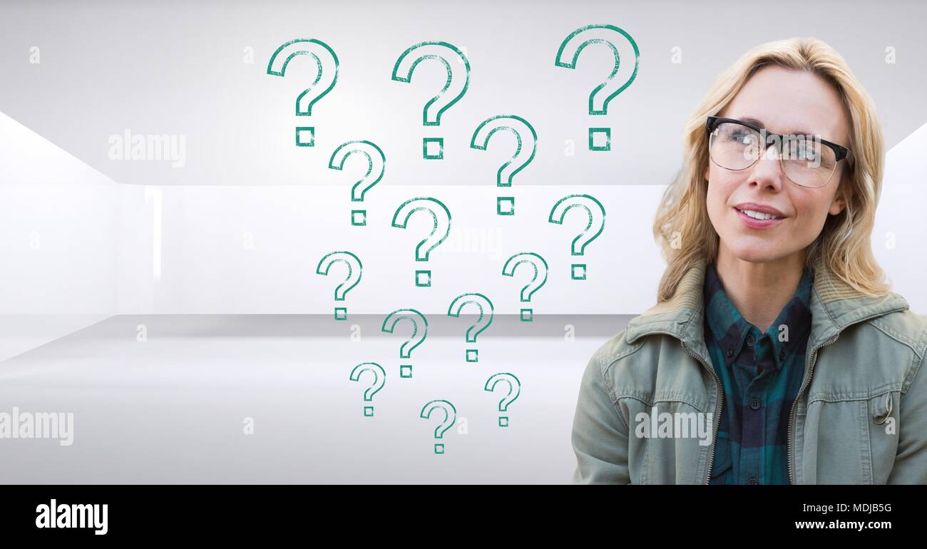 Woman thinking with stencil question marks Stock Photo - Alamy