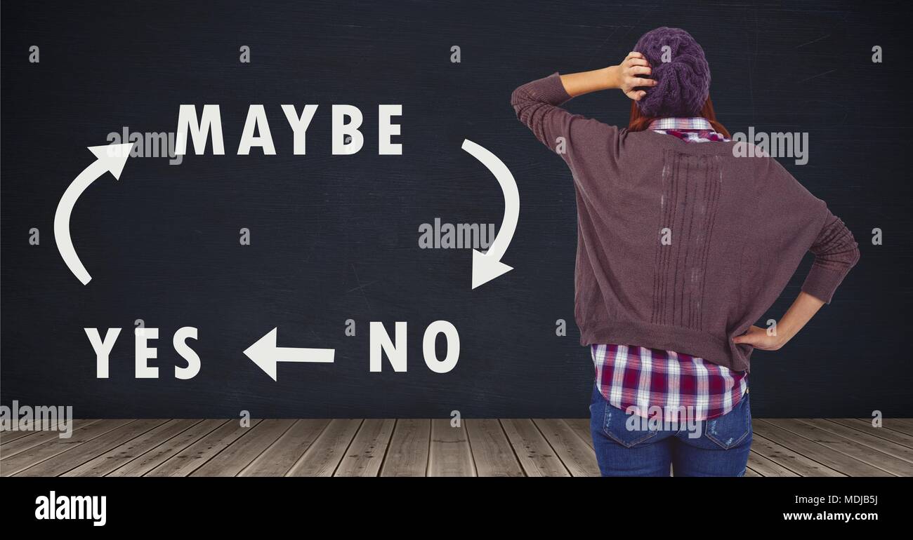 Woman thinking Yes No Maybe text with arrows graphic on wall Stock ...