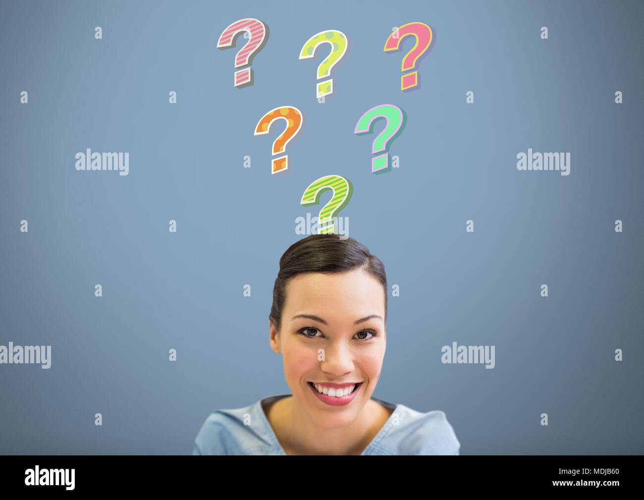 Woman with colorful funky question marks emerging from head Stock Photo ...