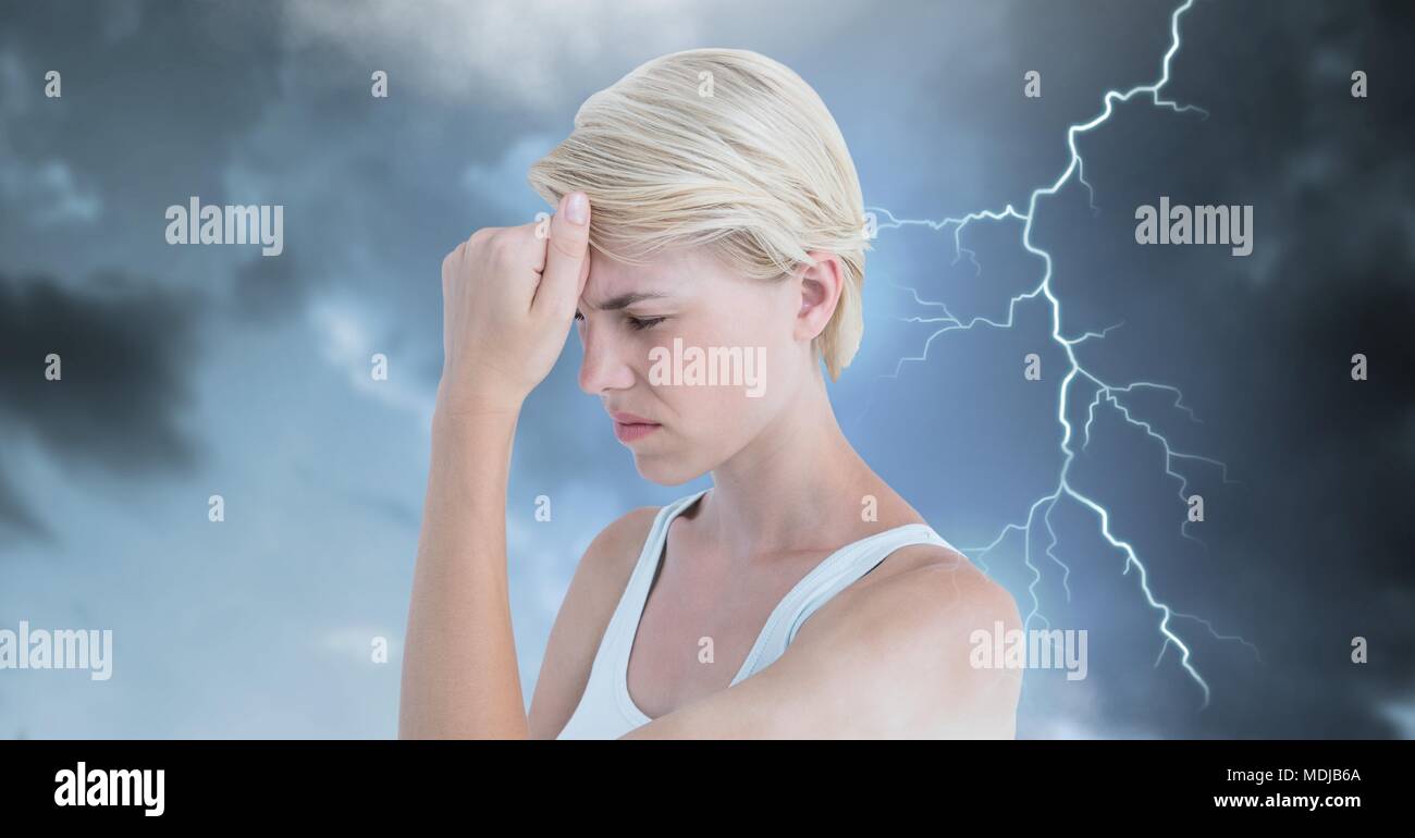 Lightning strikes and stressed woman with headache holding head Stock ...