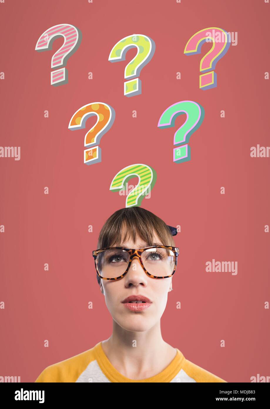 Woman with colorful funky question marks emerging from head Stock Photo ...