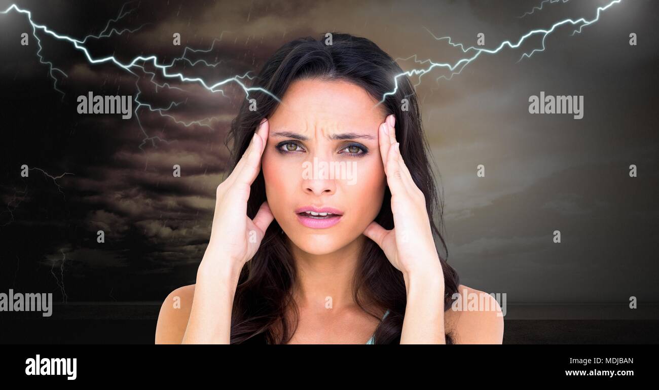 Lightning strikes and stressed woman with headache holding head Stock ...