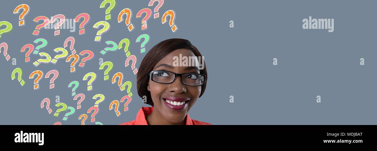Woman with colorful funky question marks emerging from head Stock Photo ...