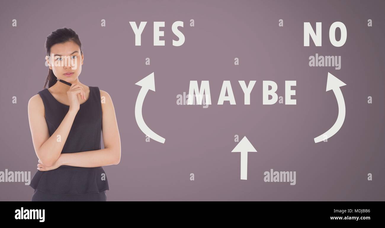 Woman thinking Yes No Maybe text with arrows graphic on pink background ...