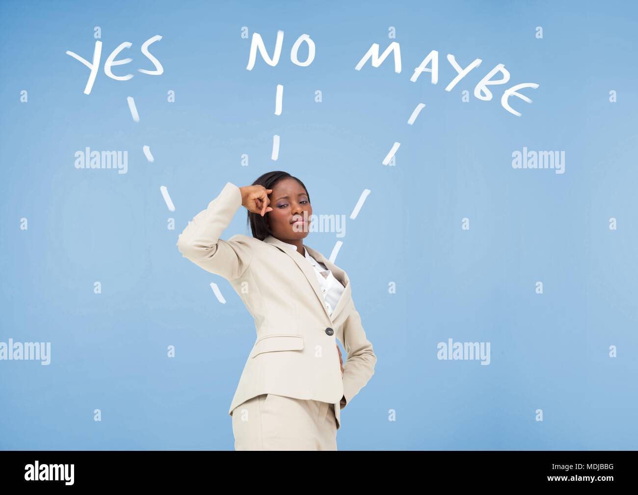 Woman thinking Yes No Maybe text graphic on blue background Stock Photo ...