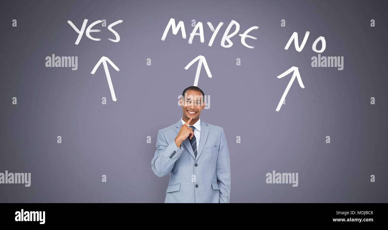 Man thinking Yes No Maybe text with arrows graphic on wall Stock Photo ...