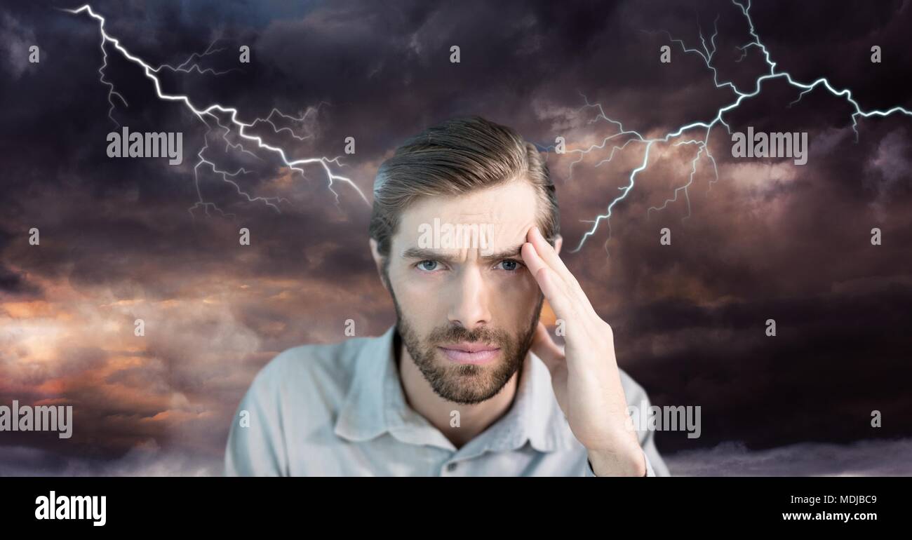 Lightning strikes and stressed man with headache holding head Stock ...