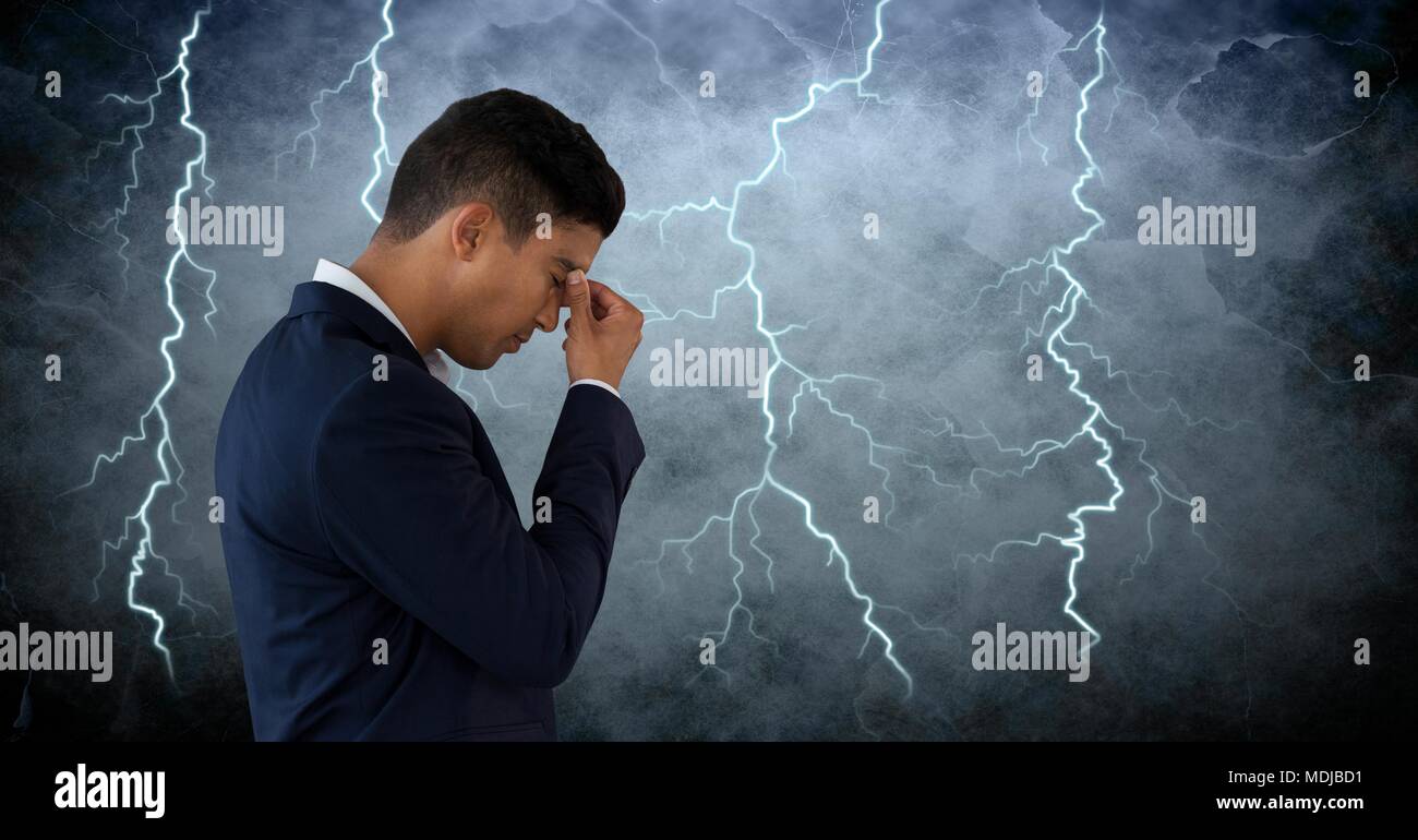 Lightning strikes and stressed man with headache holding head Stock ...
