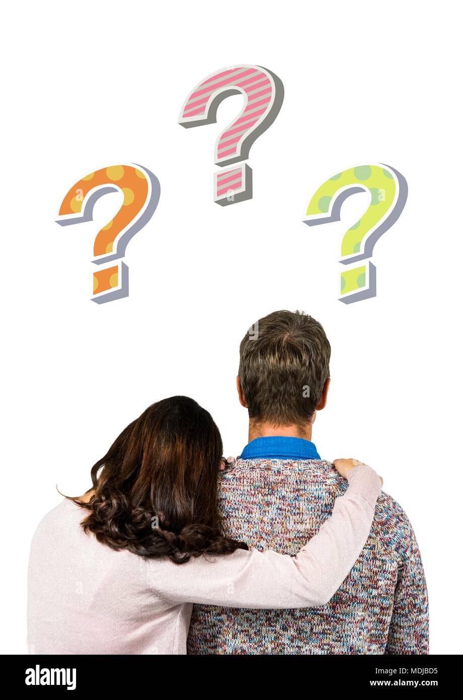 Couple thinking with colorful funky question marks Stock Photo - Alamy