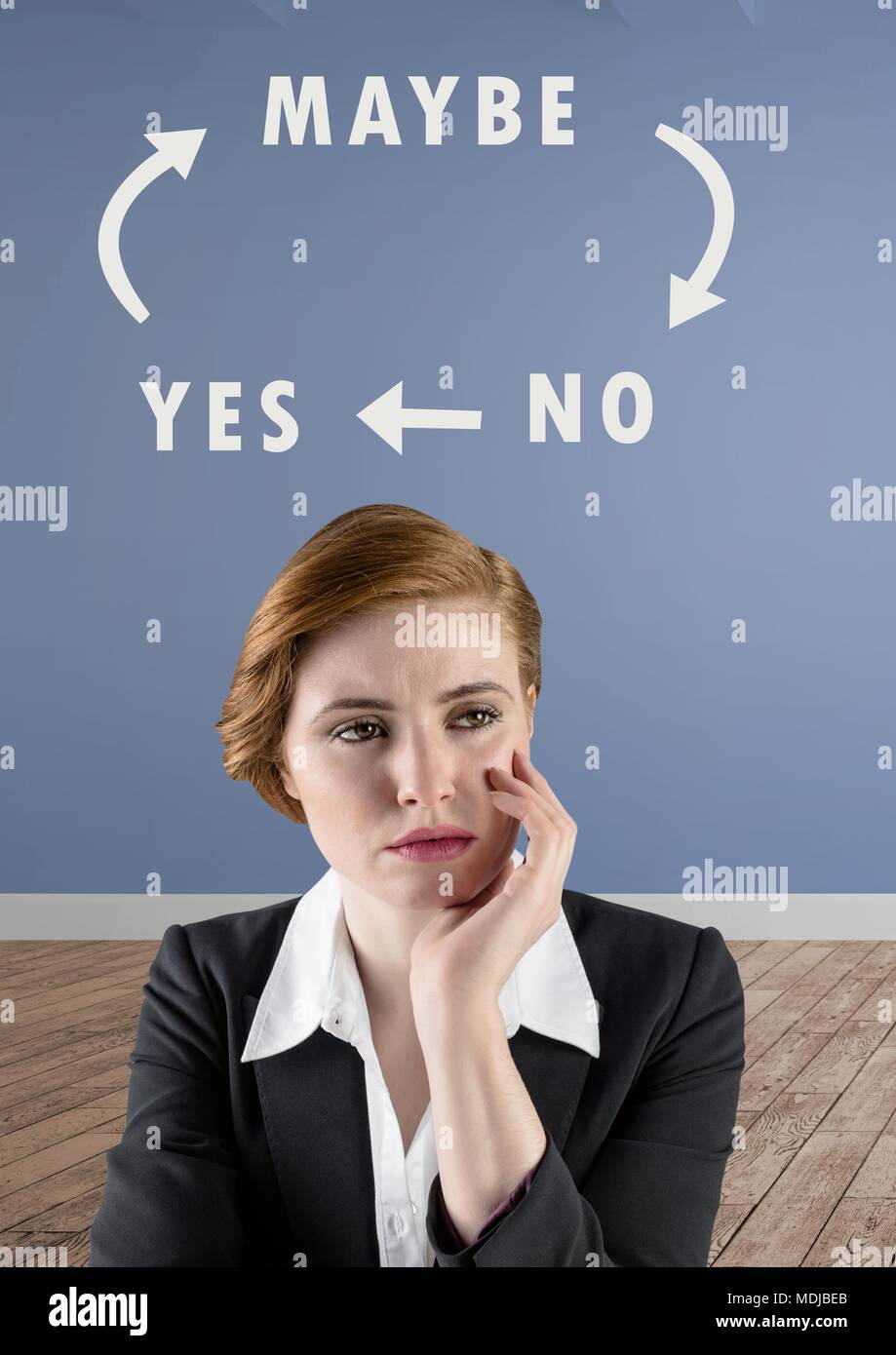 Woman thinking Yes No Maybe text with arrows graphic on wall Stock ...