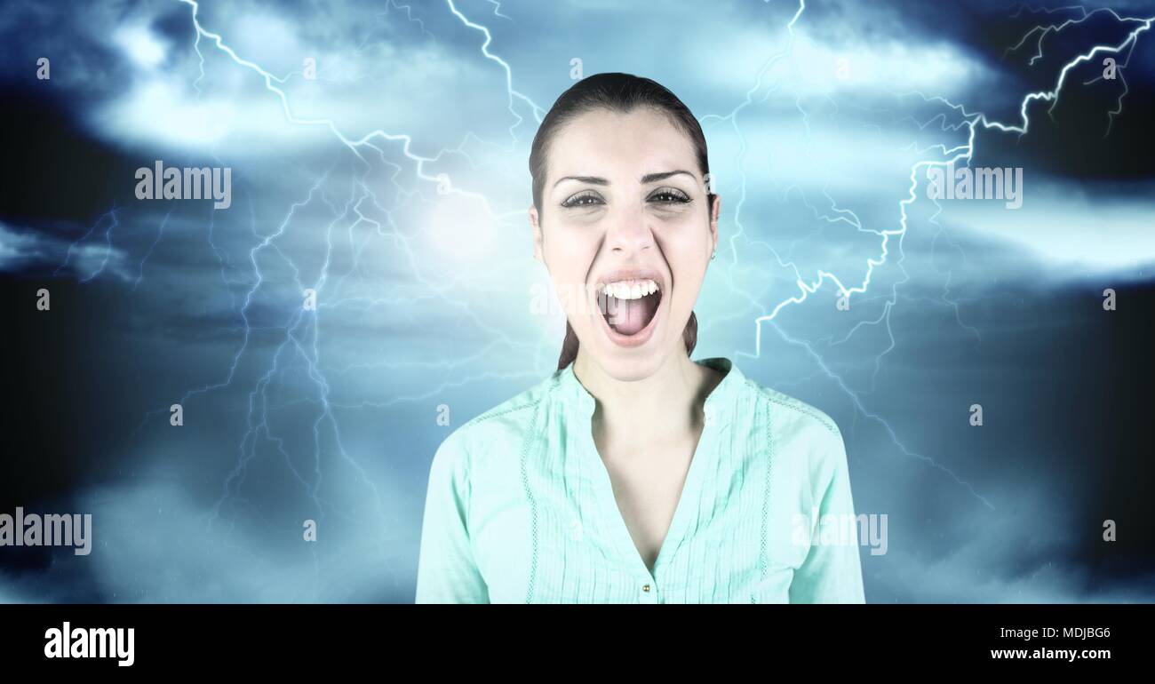 Lightning strikes and woman screaming Stock Photo - Alamy