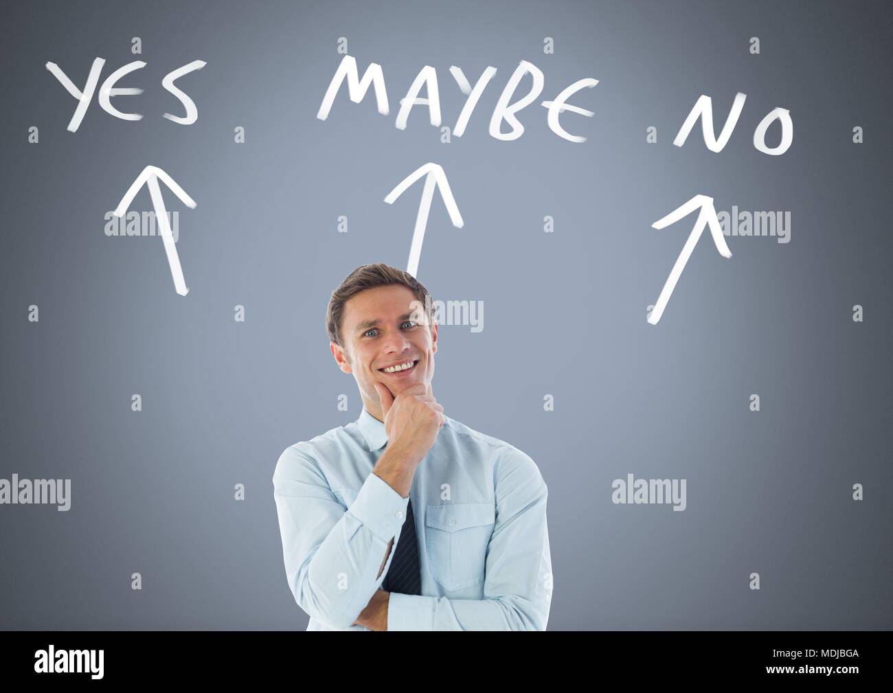 Man thinking Yes No Maybe text with arrows graphic in background Stock ...