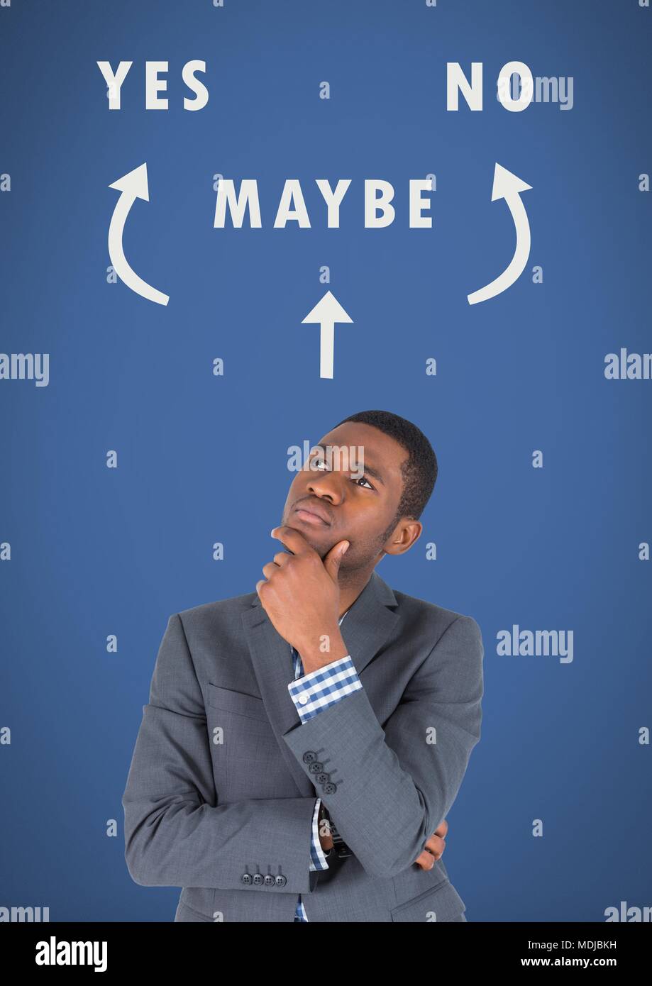 Woman thinking Yes No Maybe text with arrows graphic on blue background ...