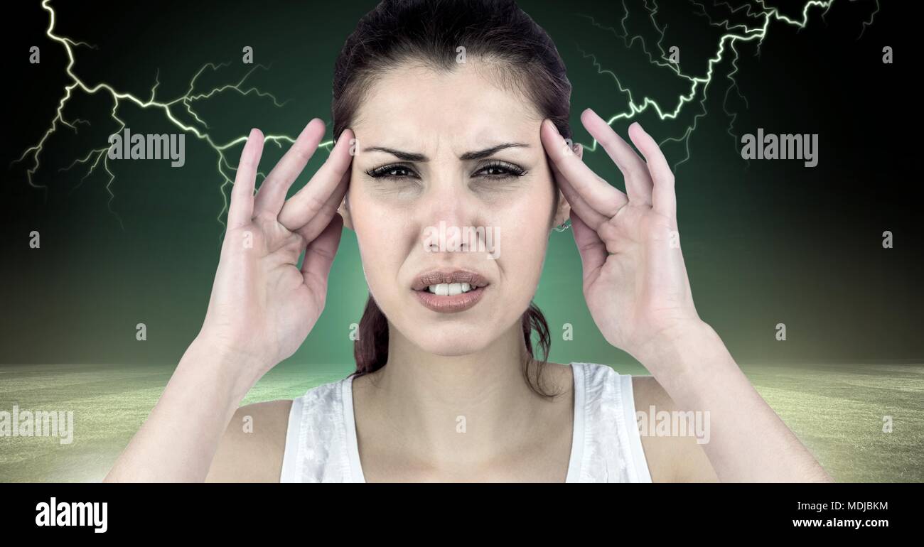Lightning strikes and stressed woman with headache holding head Stock ...
