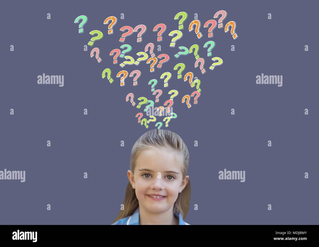 Young girl with colorful funky question marks emerging from head Stock ...