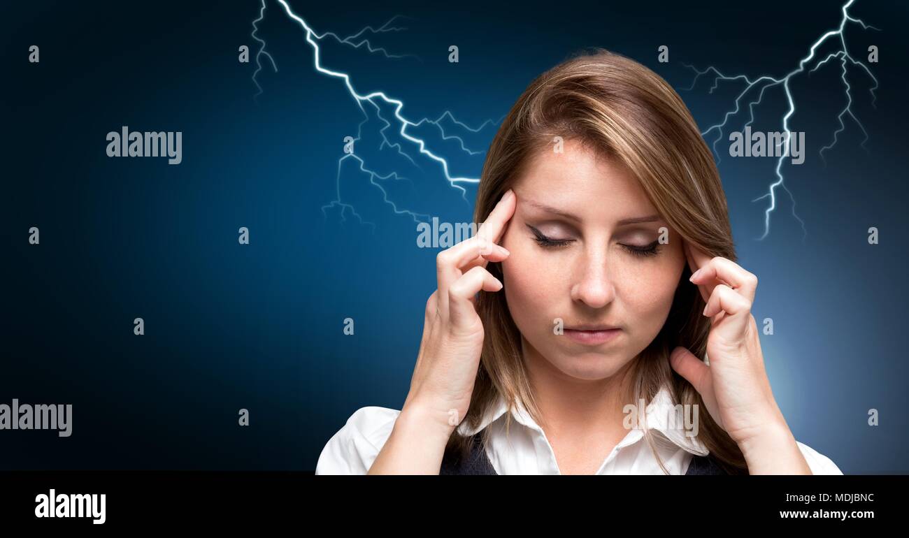 Lightning strikes and stressed woman with headache holding head Stock ...