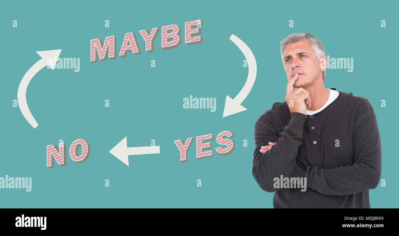 Woman thinking Yes No Maybe text with arrows graphic on green ...