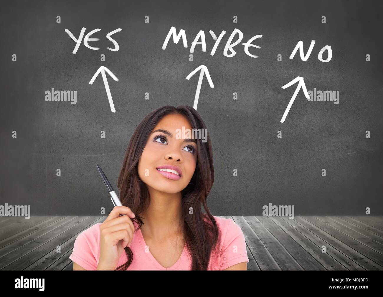 Woman thinking Yes No Maybe text with arrows graphic on wall Stock ...