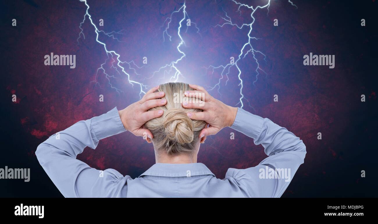 Lightning strikes and stressed woman with headache holding head Stock ...