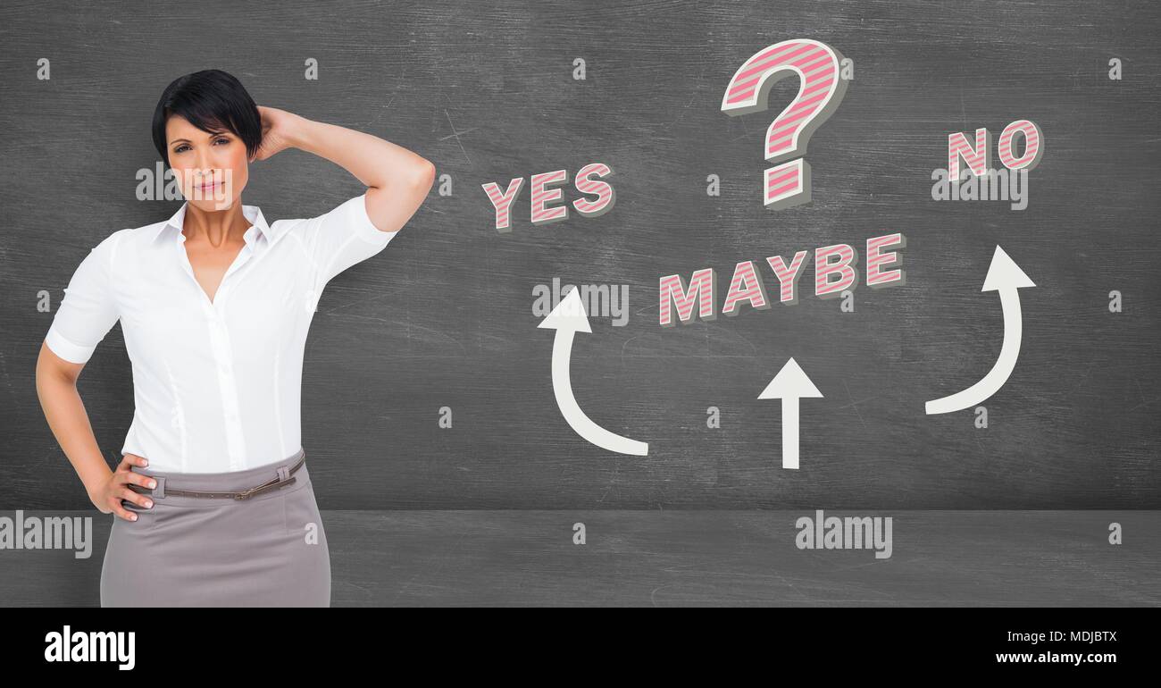 Woman thinking Yes No Maybe text with arrows graphic on wall Stock ...