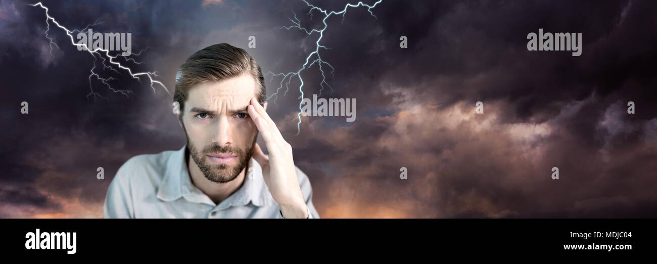 Lightning strikes and stressed man with headache holding head Stock ...