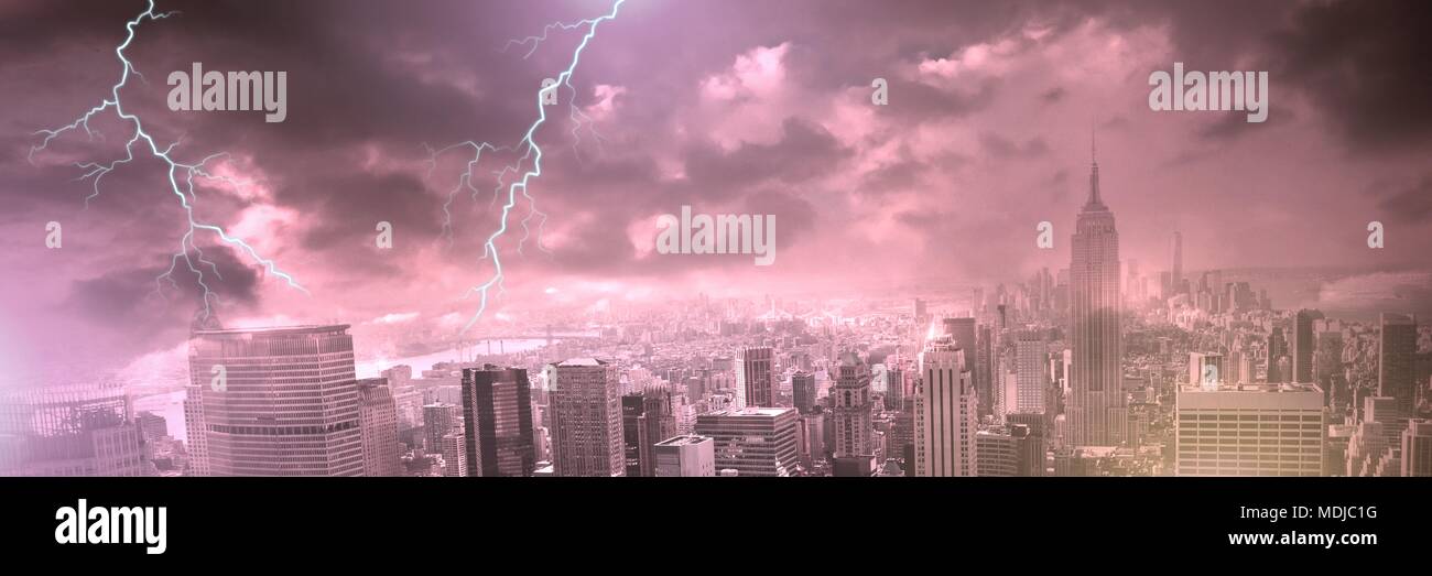 Lightning strikes in sky over city Stock Photo - Alamy