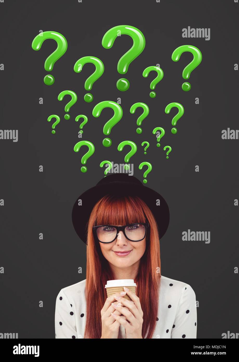 Woman thinking on phone with green shiny question marks Stock Photo - Alamy