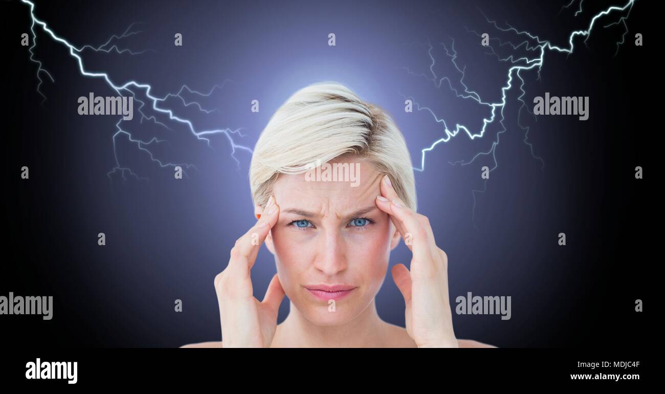 Lightning strikes and stressed woman with headache holding head Stock ...