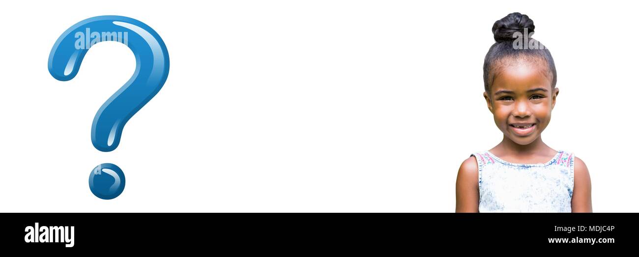 Kid Girl with shiny blue question mark Stock Photo - Alamy