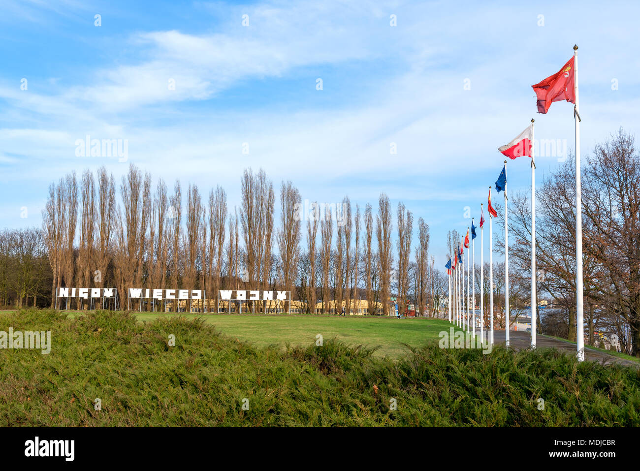 GDANSK WESTERPLATTE, POLAND - April 15, 2017: Masts with flags and ...