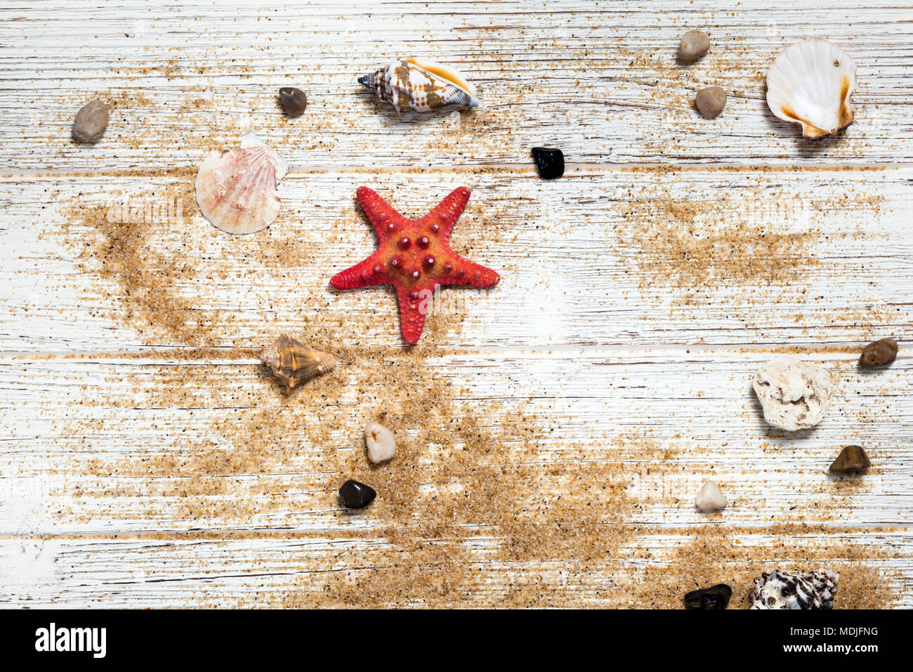 Top view of Beach sand, shells and starfish background old photo effect ...