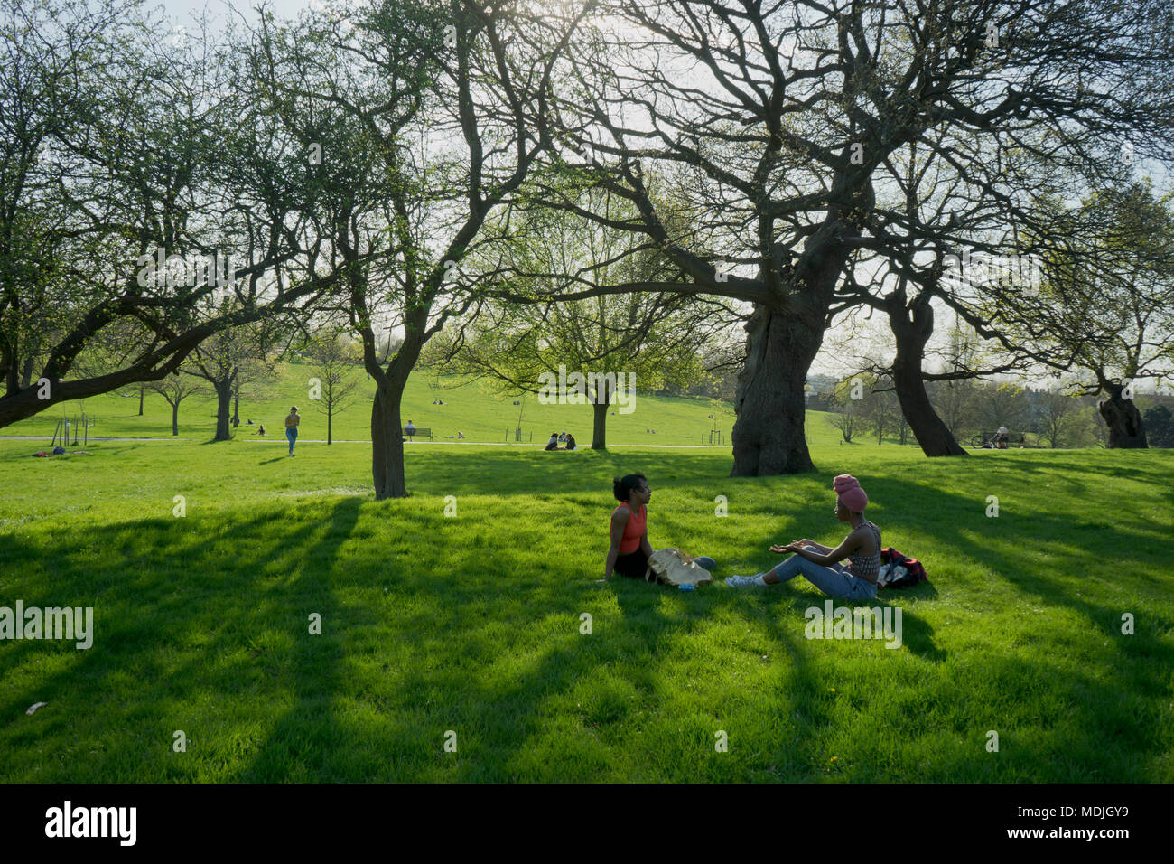 People enjoying the sunshine and warm Spring weather in Brockwell Park ...