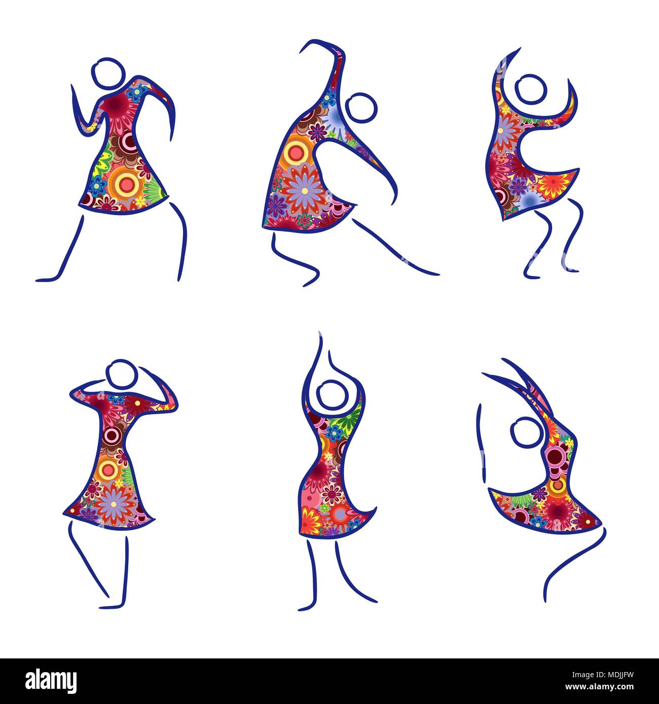 Set of six dancing abstract female figures in colorful dresses isolated ...