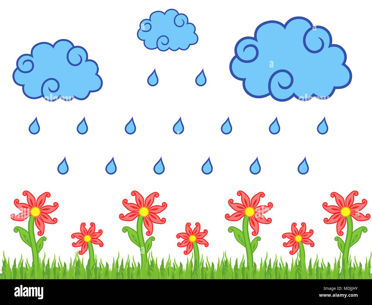 Drops of rain from the clouds fall on red meadow flowers, childish vector illustration Stock ...