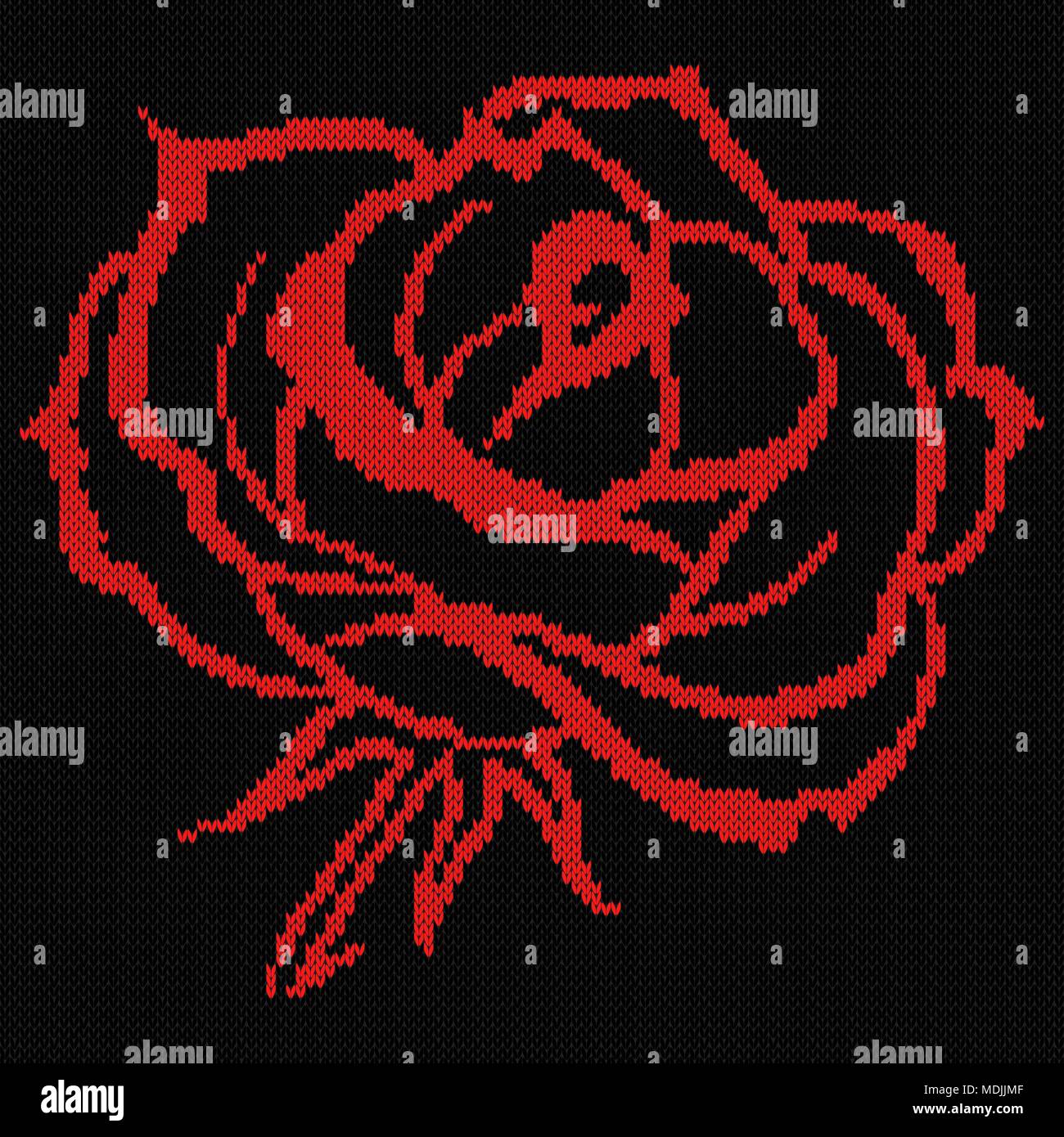 Red Rose flower on the Black Background, knitting vector pattern as a ...