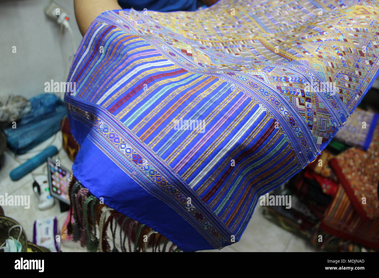 Handwoven textiles for sale at Talat Sao Market, downtown Vientiane ...