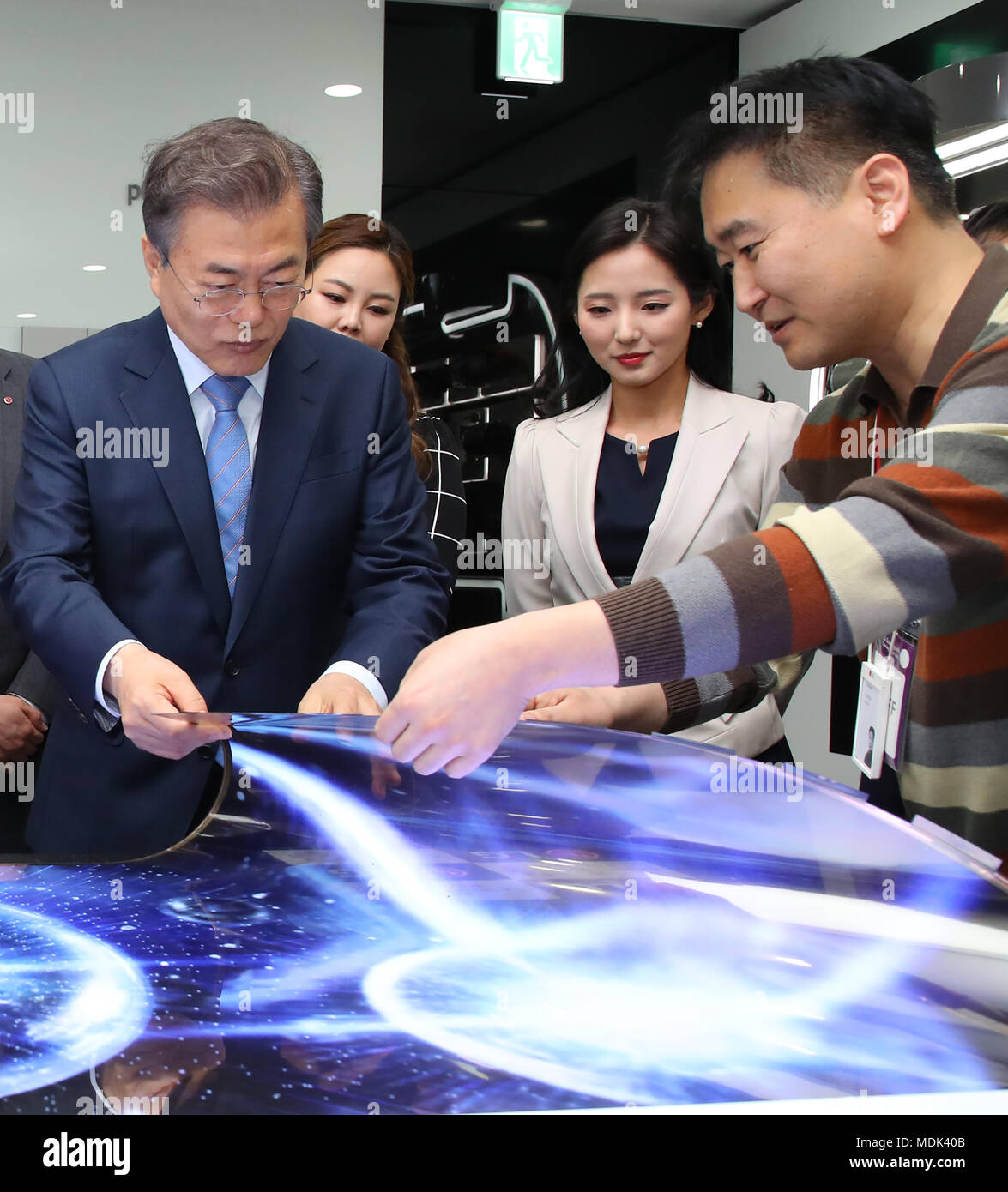 20th Apr, 2018. LG science park opens President Moon Jae-in (L) looks ...