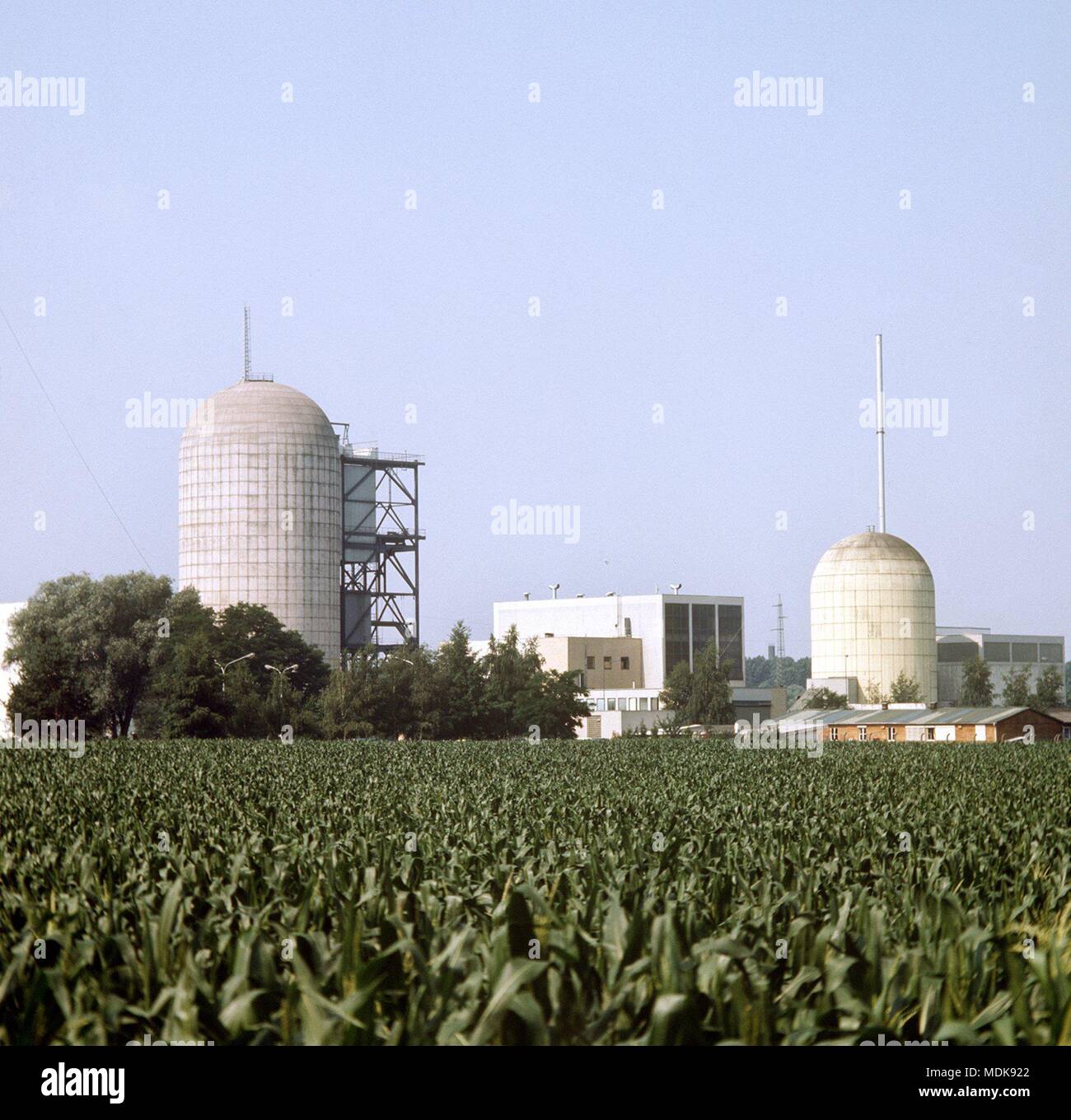 Bick over a corn field on the nuclear power plant Kahl am Main (undated ...