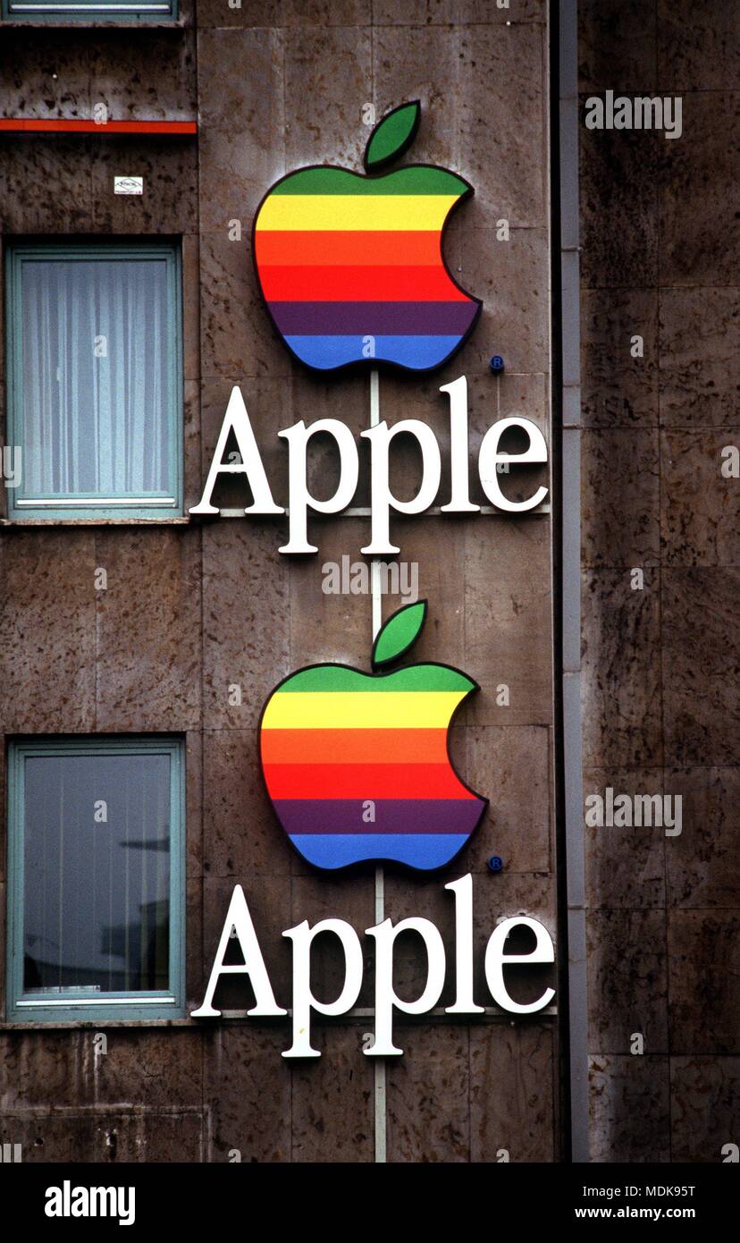 On a building are two logos of the computer manufacturer Apple - an ...