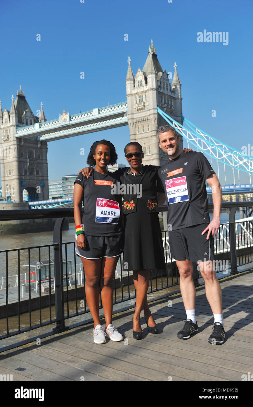 London, UK. 20th April 2018. Runners Selam Amare and Magnus Menzefricke ...